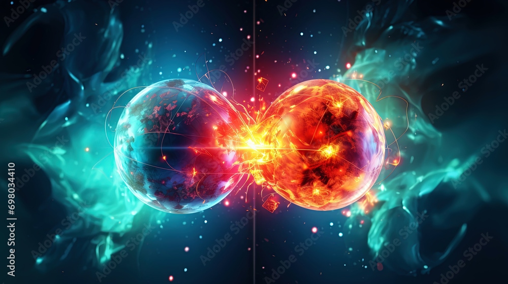 Subatomic proton particle collision. Nuclear fusion concept. Generative ...