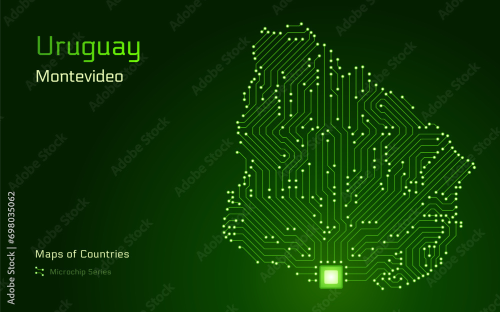 Uruguay Map with a capital of Montevideo Shown in a Microchip Pattern ...