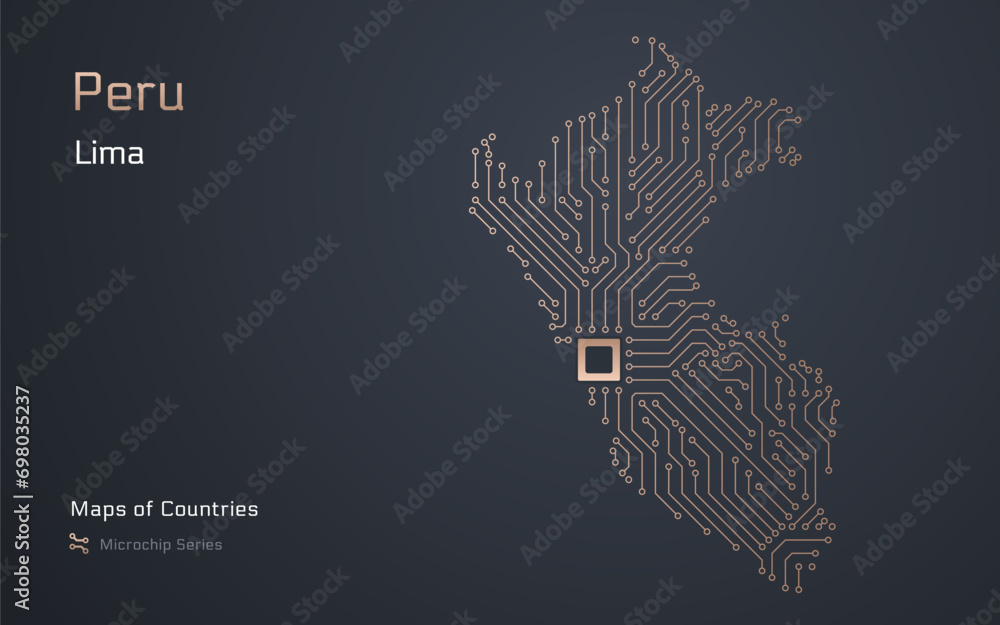 Peru Map with a capital of Lima Shown in a Microchip Pattern. E ...