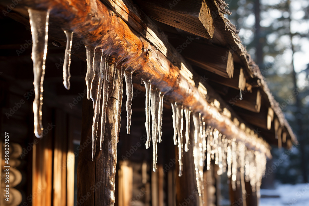 A close-up of icicles hanging from the eaves of a rustic cabin ...