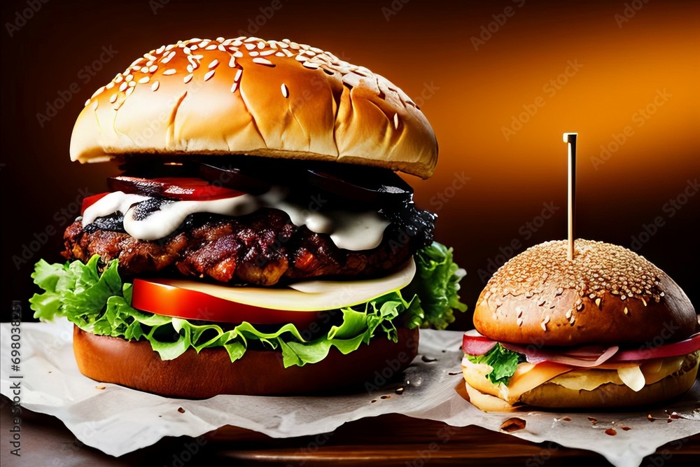 Delectable gourmet burger. Juicy beef, melted cheese, crisp veggies ...