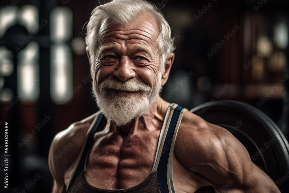 Old athle, Fitness man at workout. Elderly pensioner old man smiling in ...