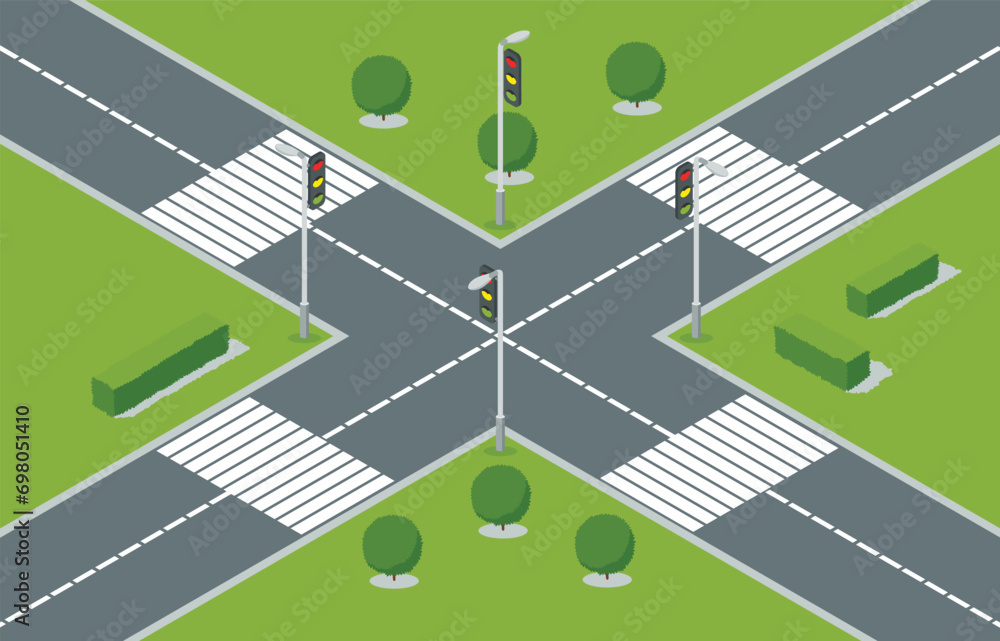 City crossroad isometric view with road markings, traffic lights ...