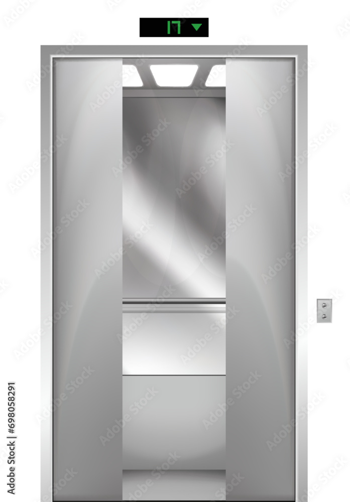 Modern passenger or cargo elevator, lifts with half closed, metallic ...