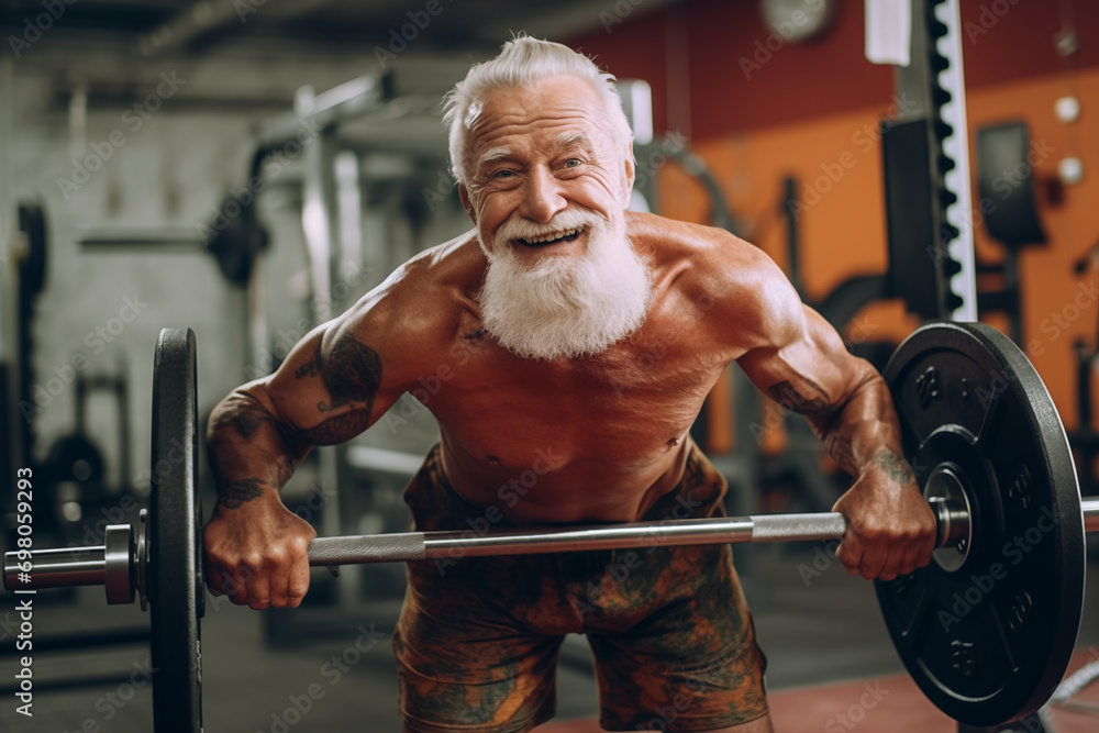 Old athle, Fitness man at workout. Elderly pensioner old man smiling in ...