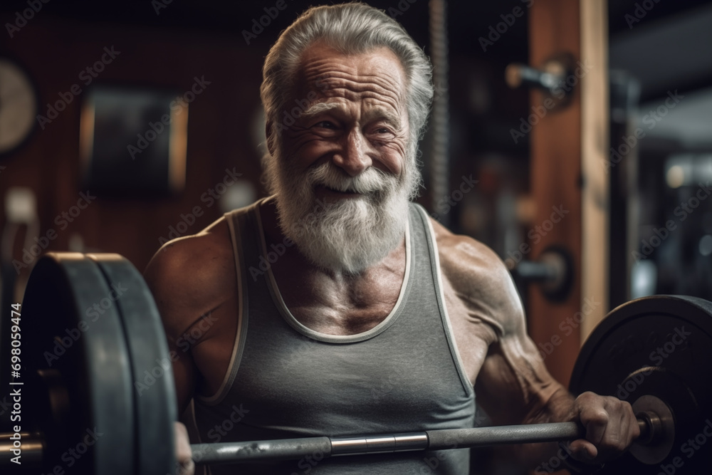 Old athle, Fitness man at workout. Elderly pensioner old man smiling in ...