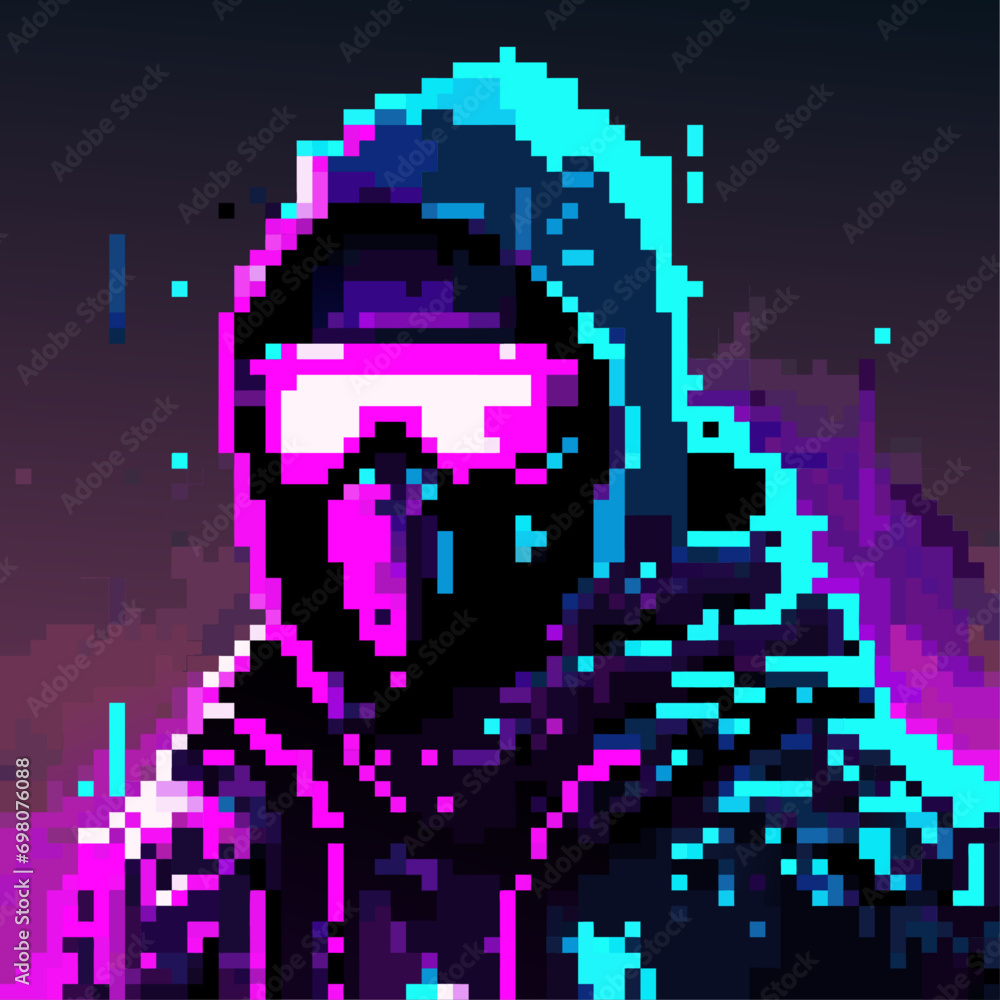 Cyber Guy Pixel Art concept background purple and blue color pallet ...
