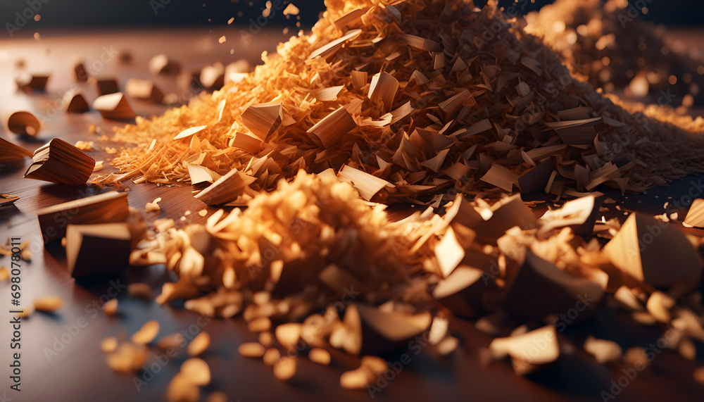 abstract view of waste wood shavings and sawdust in woodworking ...