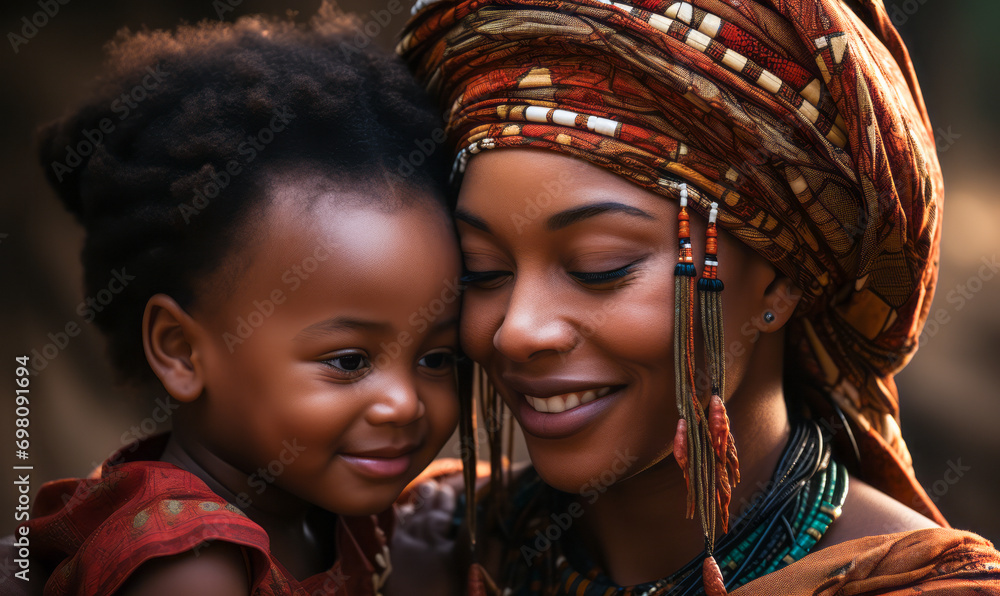 Joyful African mother in traditional attire lovingly embraces her child ...