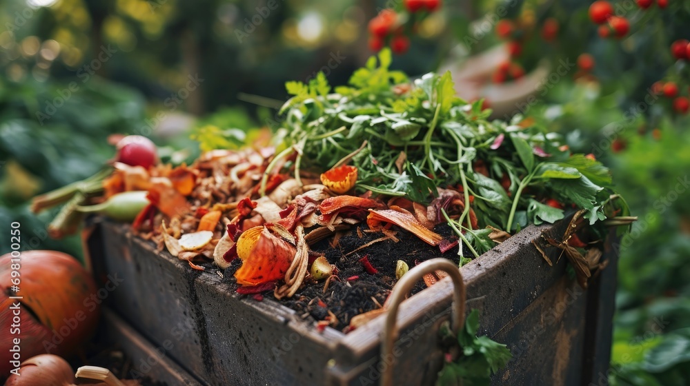 Compost container with mix vegetables and fruits peels and scraps ...