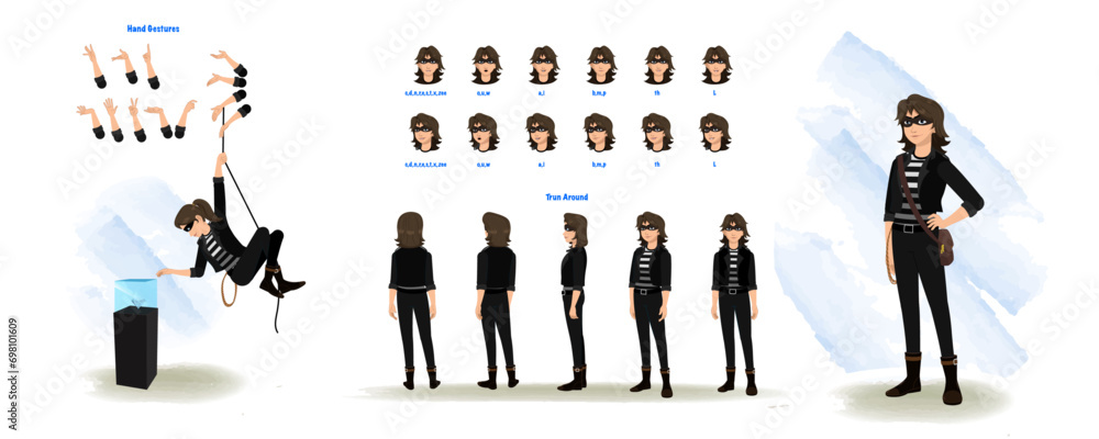 A thief model sheet. Burglar creation set. turnaround sheet, hand ...