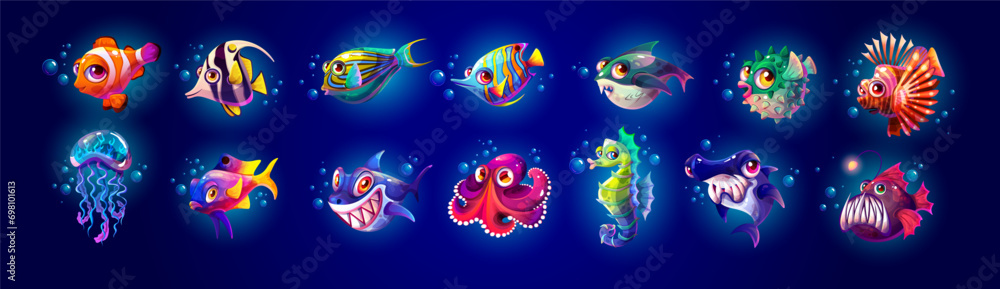 Tropical sea fishes and creatures color vector icon big set. Underwater ...