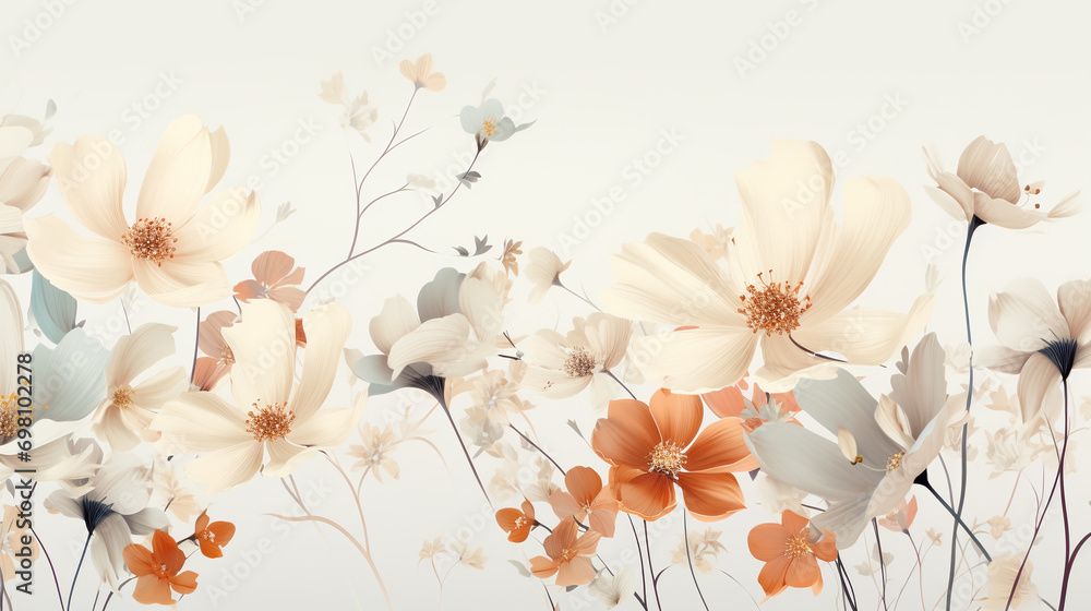 beautiful spring flowers in soft pastel colors on a soft light beige ...