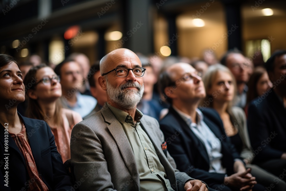 Serious grey haired elderly man in glasses in a group of diverse people ...