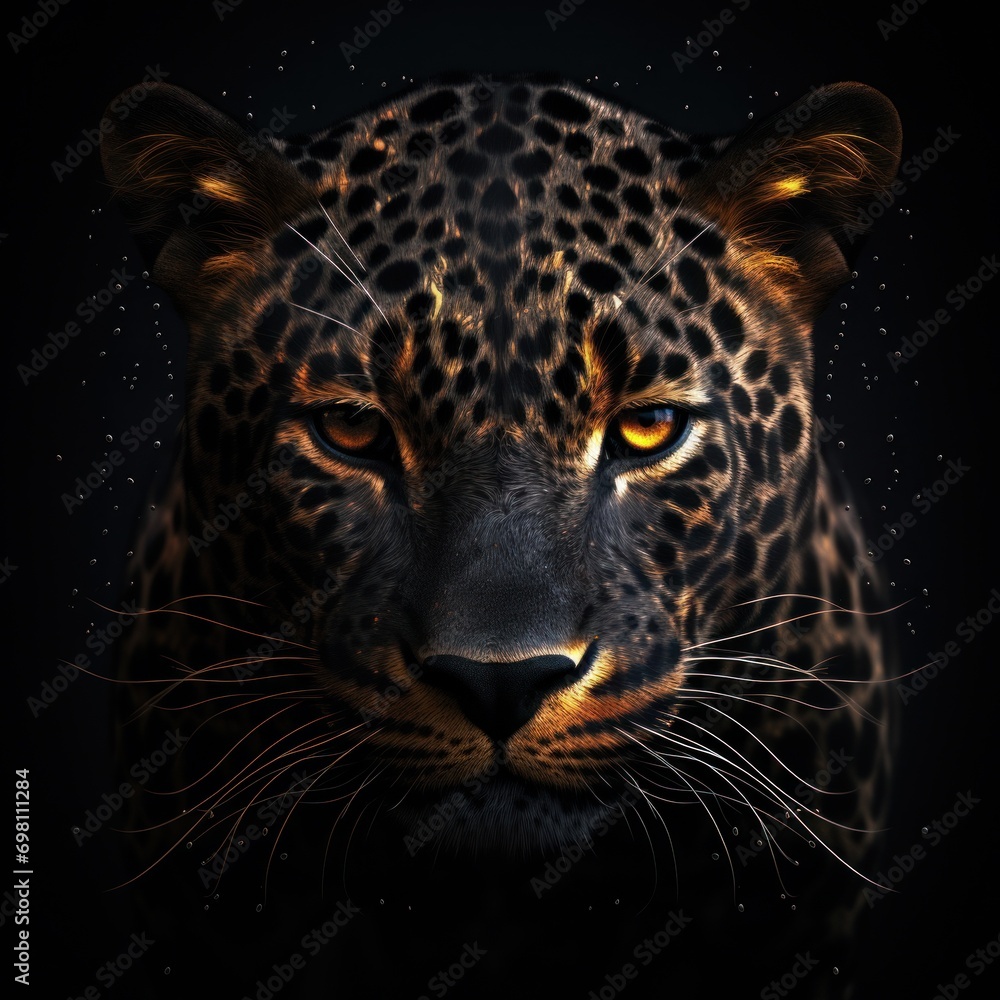 Black spotted leopard face isolated in black background, generative ai ...