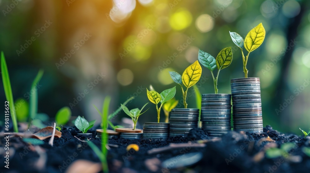 stacks of coins that are increasing, behind the stacks there are ...