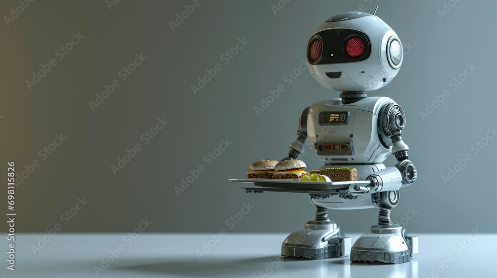 small robot waiter holds a tray with food in his hands, on a grey ...