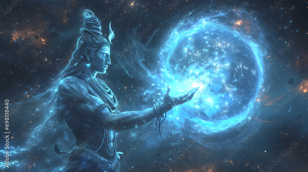 Cinematic illusion of Lord Shiva's in space universe, holding a glowing ...
