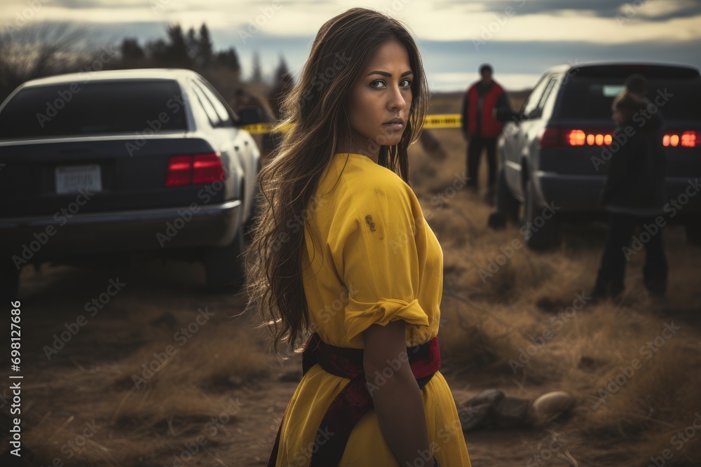 Rear view of indigenous woman facing police tape and crime scene ...