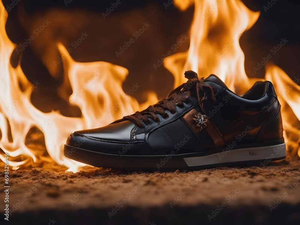 Shoes on fire on the street background. Burning shoes on carpet ...