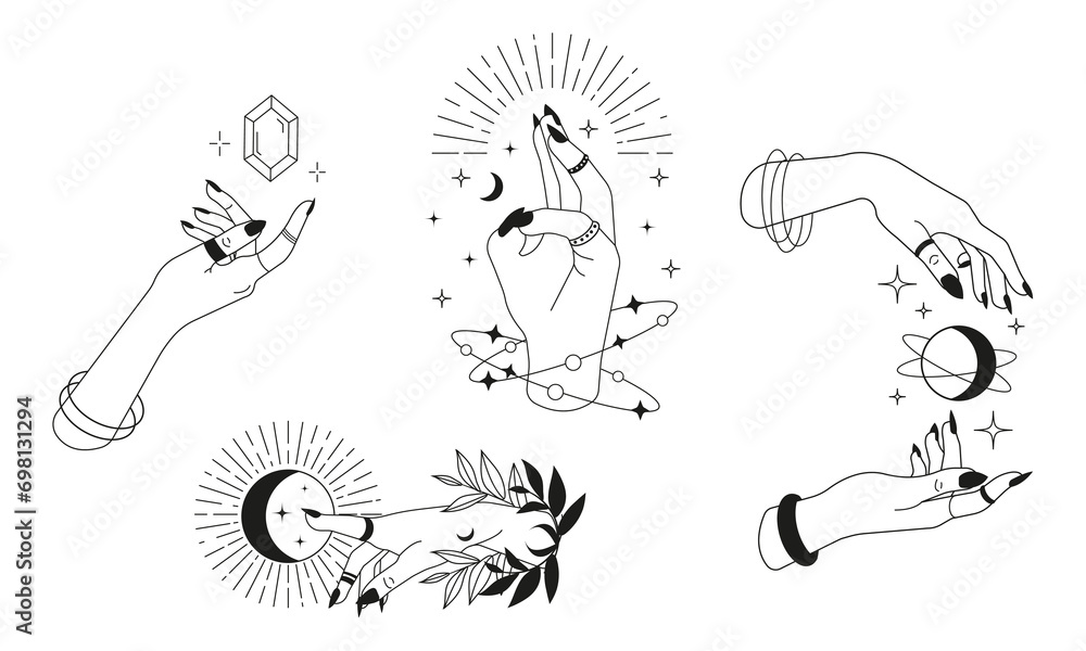 Set of magical hands.Trendy linear minimal style woman hands holding ...