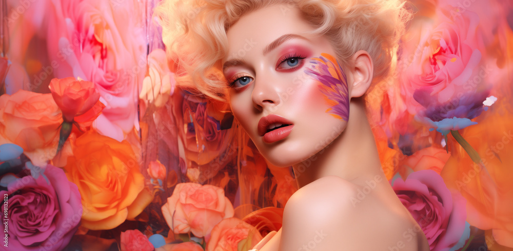 Peach rose lulu purple eyes, in the style of neo-pop collages, neon ...