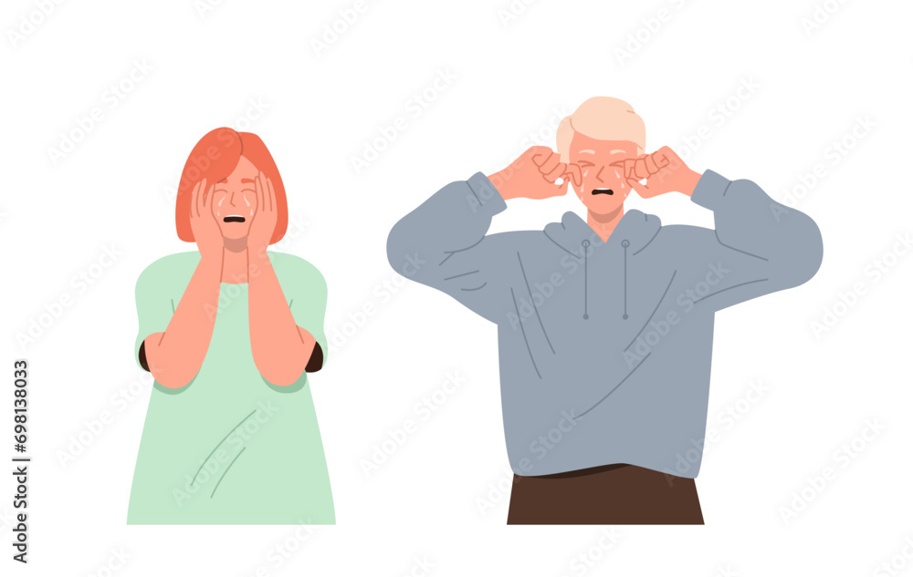 Young upset man and woman cartoon characters crying and sobbing wiping ...