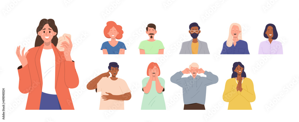 Happy and unhappy people cartoon characters set with smiling and crying ...