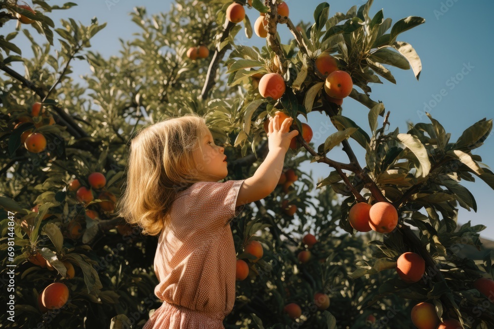 Little girl picking ripe persimmon in orchard on sunny day, A child ...