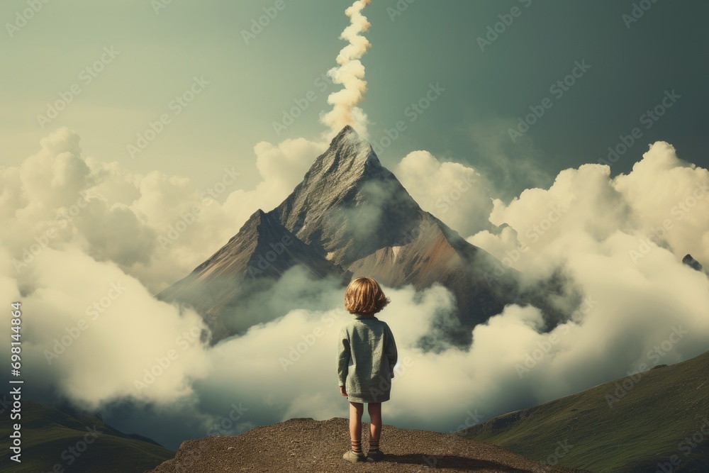 Little boy looking at the top of a mountain with smoke in the clouds, A ...