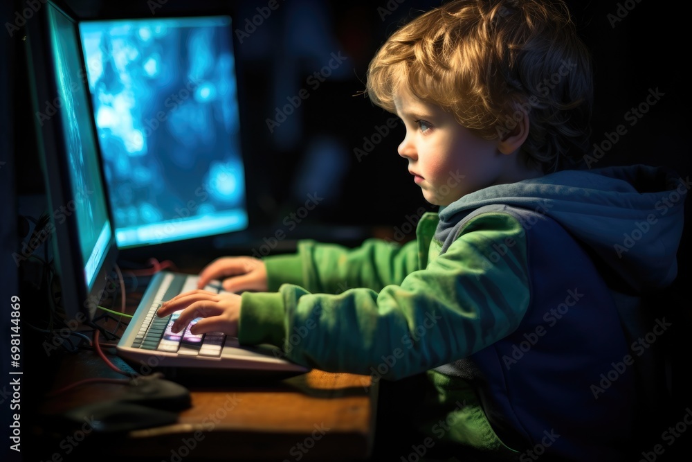 Cute little boy using a computer at night in a dark room, A child using a computer to master a ...