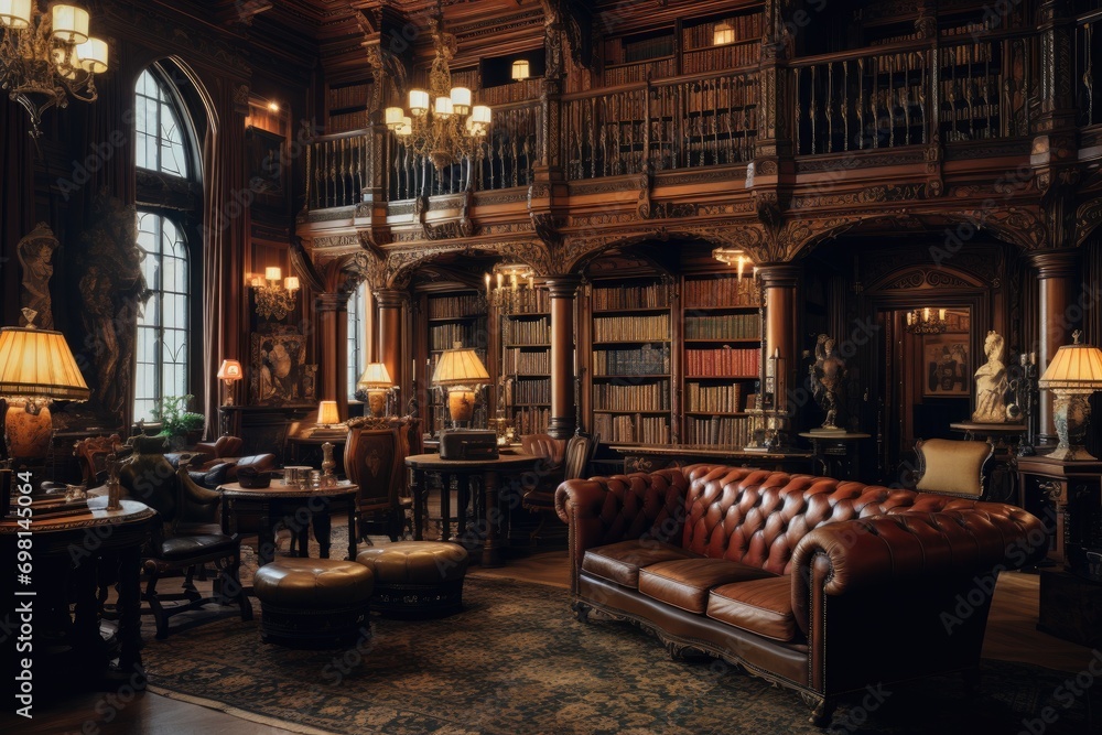 Luxury interior of the old library with furniture and books, A classic ...