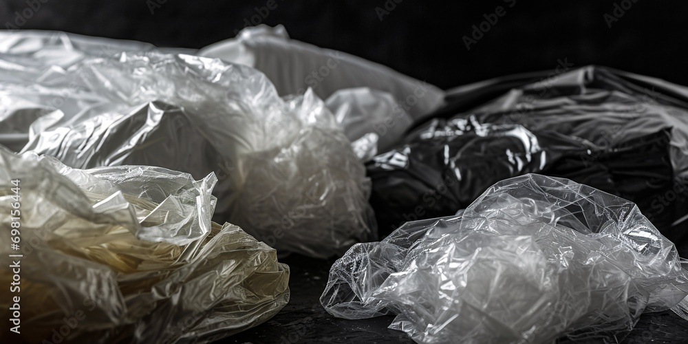Picture of assorted plastic packages on a dark surface. Polyethylene ...