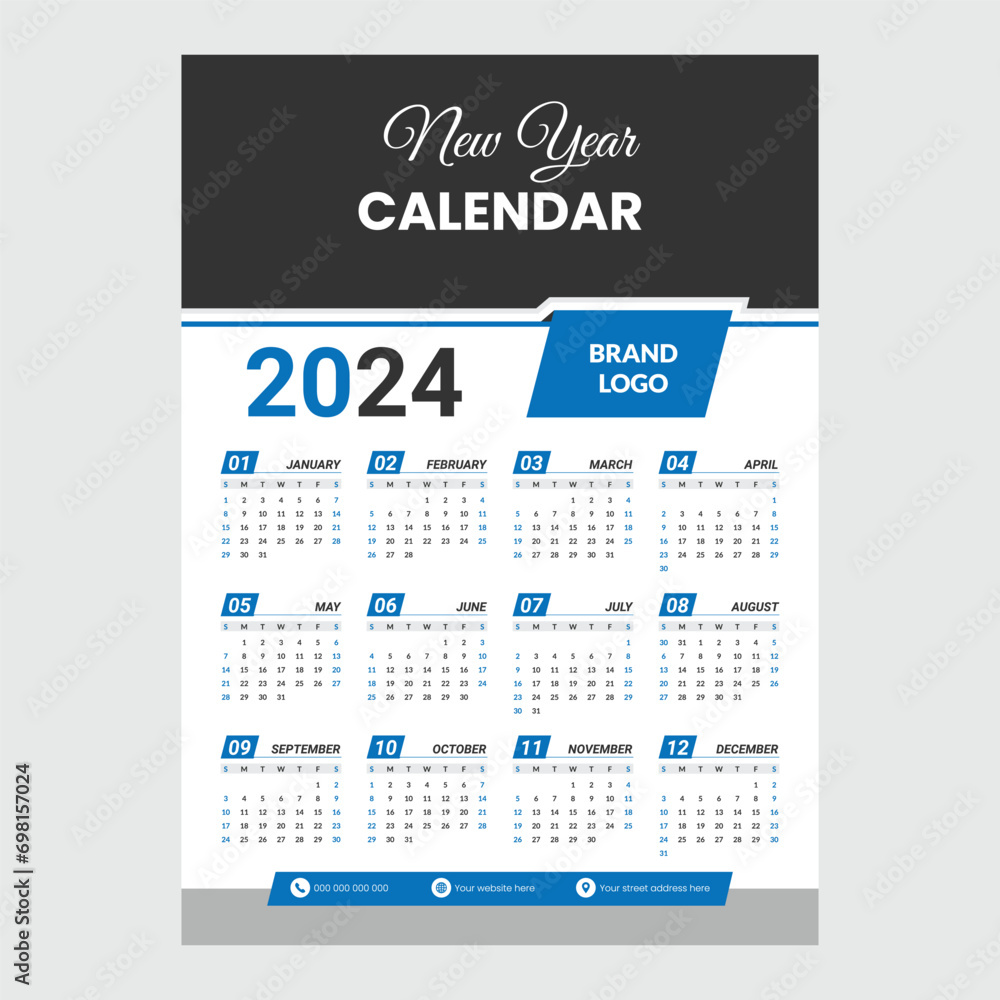 2024 Wall Calendar Design, Wall Calender Design Template 2024, Simple ...