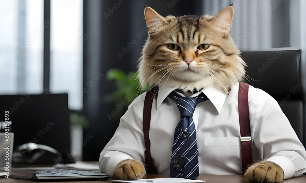 Dapper feline in a stylish suit sits working at an office desk, Cat ...