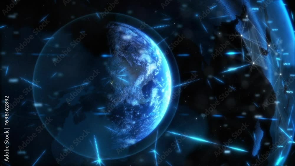 Rotations of the planet Earth, surrounded by a digital projection with ...