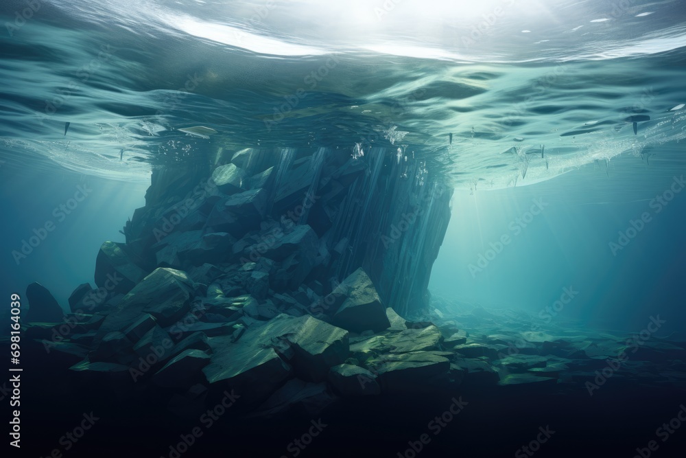 Underwater view of an underwater cave in the deep blue sea, Iceberg ...