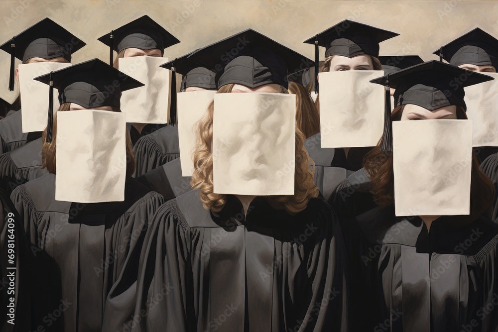 Group of students in mortarboards and gowns with paper sheets on their ...