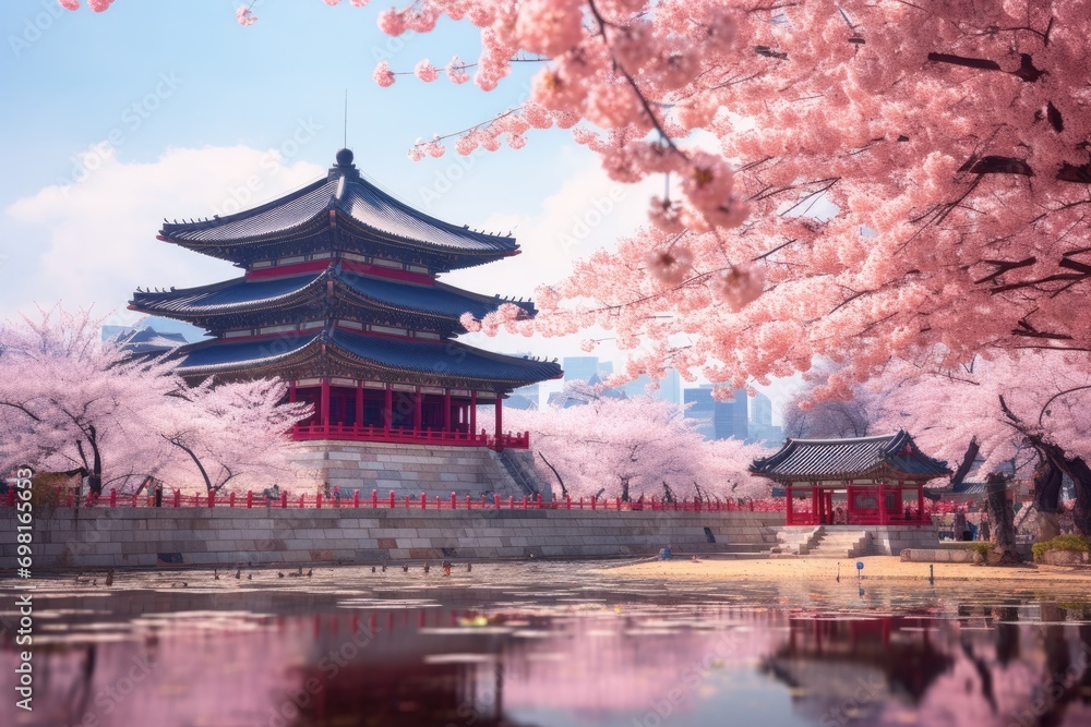 Beautiful pagoda and cherry blossom in Gyeongbokgung Palace, Seoul ...