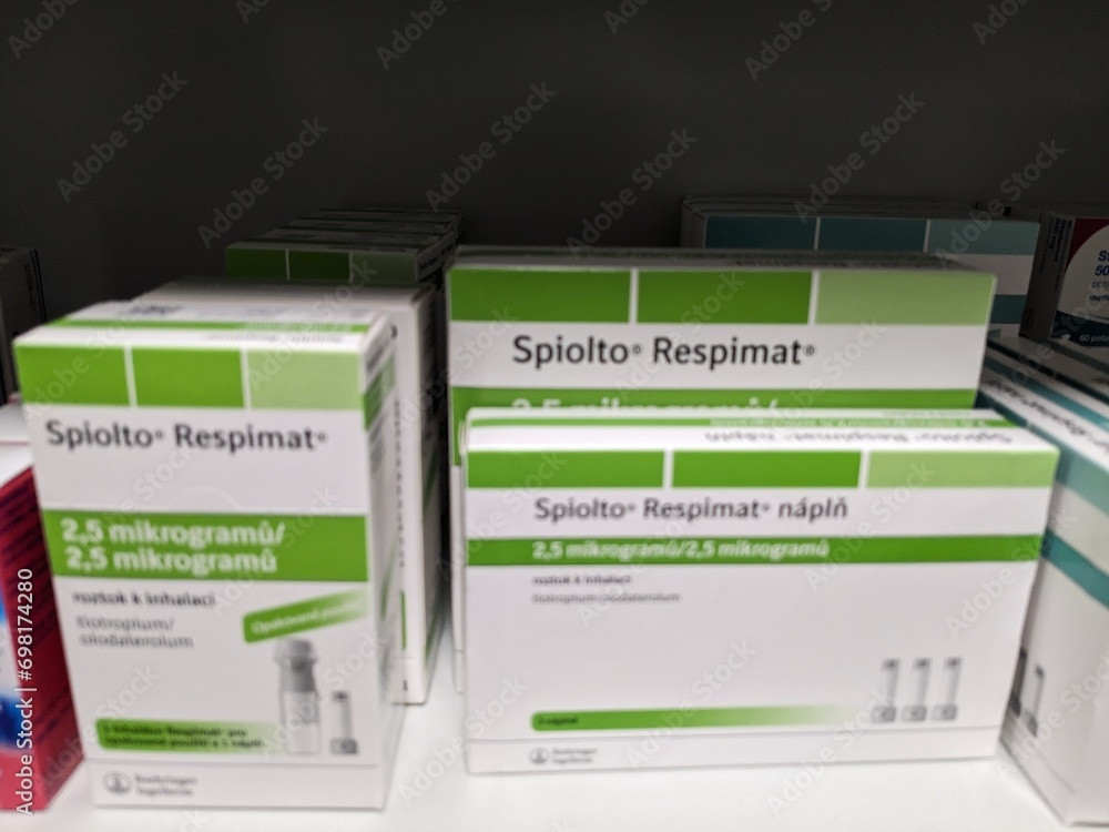 Prague,Czech republic-January 8 2024: box of SPIOLTO RESPIMAT asthma ...