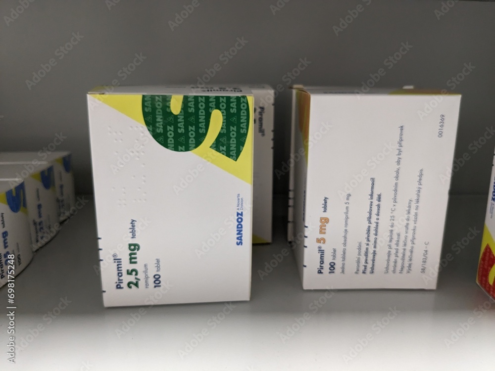 Prague,Czech republic-January 8 2024: box of PIRAMIL Czech medication ...