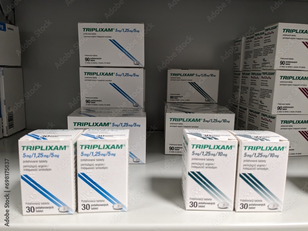Prague,Czech republic-January 8 2024: box of TRIPLIXAM Czech medication ...