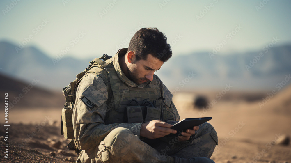 Military Innovation: Soldier with Tablet in Middle East Deployment ...