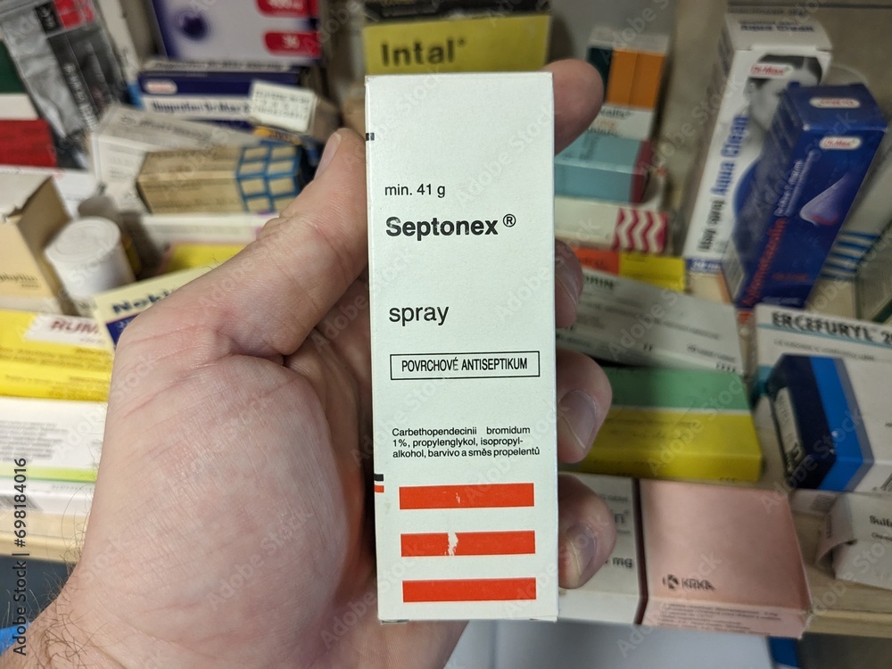 Prague, Czech Republic - July 10 2024: SEPTONEX SPREJ box of medication ...