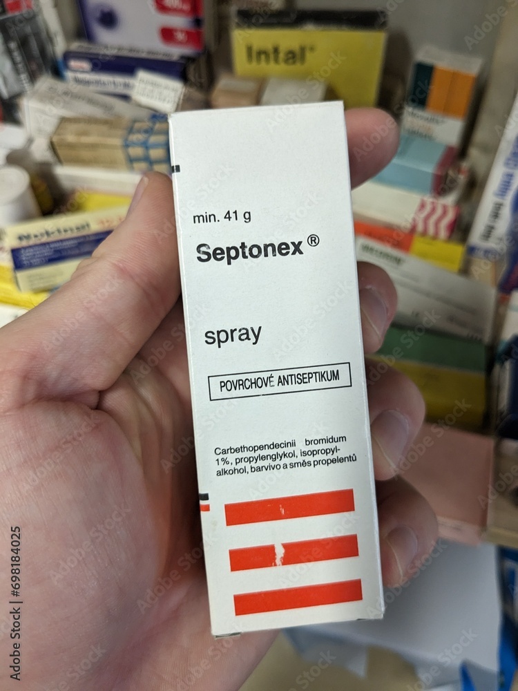 Prague, Czech Republic - July 10 2024: SEPTONEX SPREJ box of medication ...