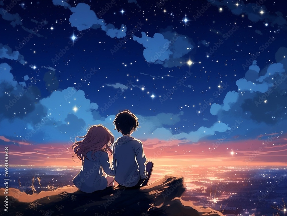 Romantik couple boy and girl are sitting on background of night sky ...