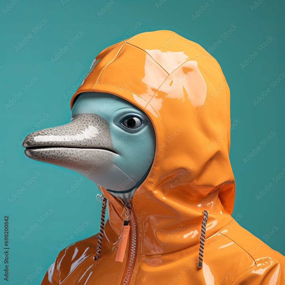 Clad in aquatic-themed attire, this person with a dolphin head exudes ...