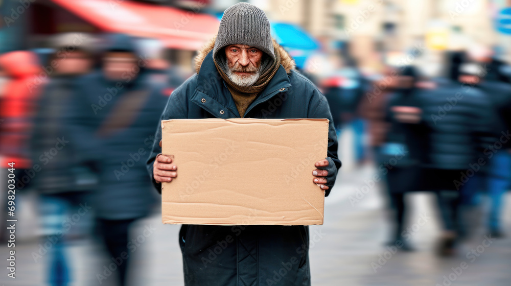 Desperate homeless man with blank cardboard sign, space for copy Stock ...