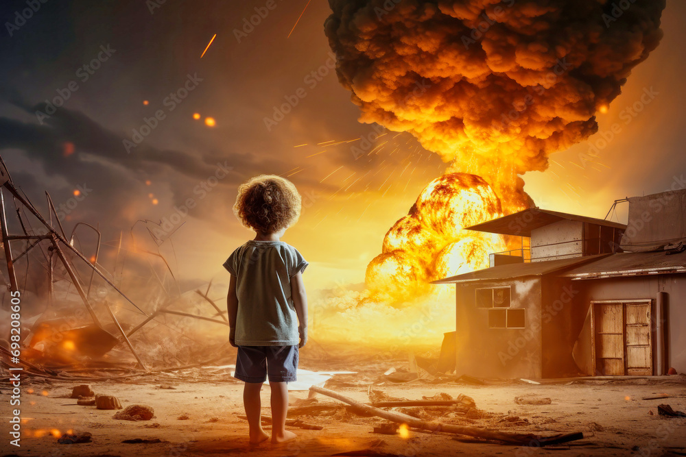 Violent explosion against the backdrop of the house. A child watches ...