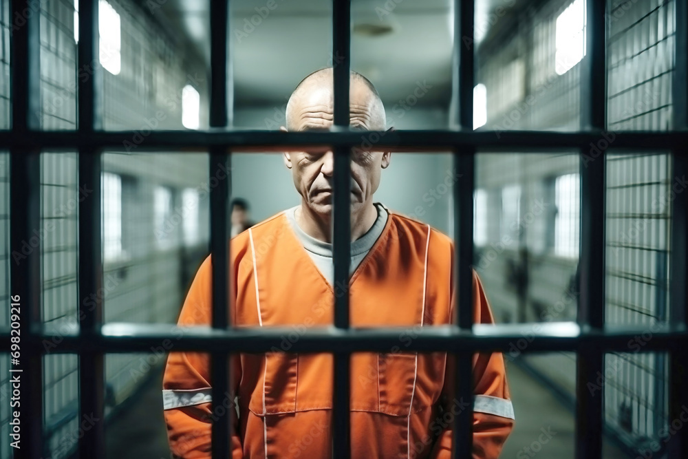 An elderly criminal in an orange uniform sits in a prison cell and ...
